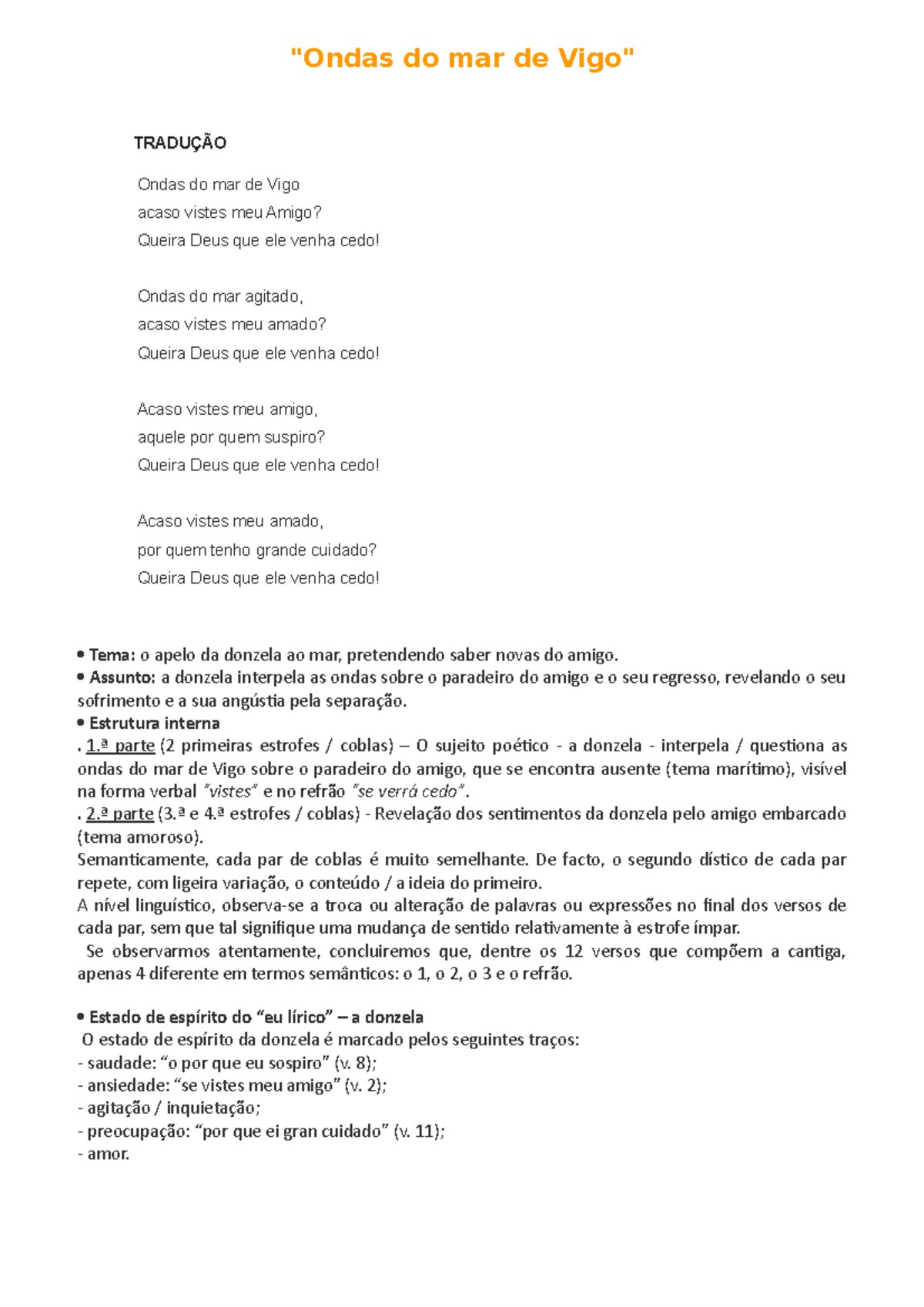 Ondas do mar de Vigo - "Ondas do mar de Vigo" TRADUÇÃO Ondas do mar de ...