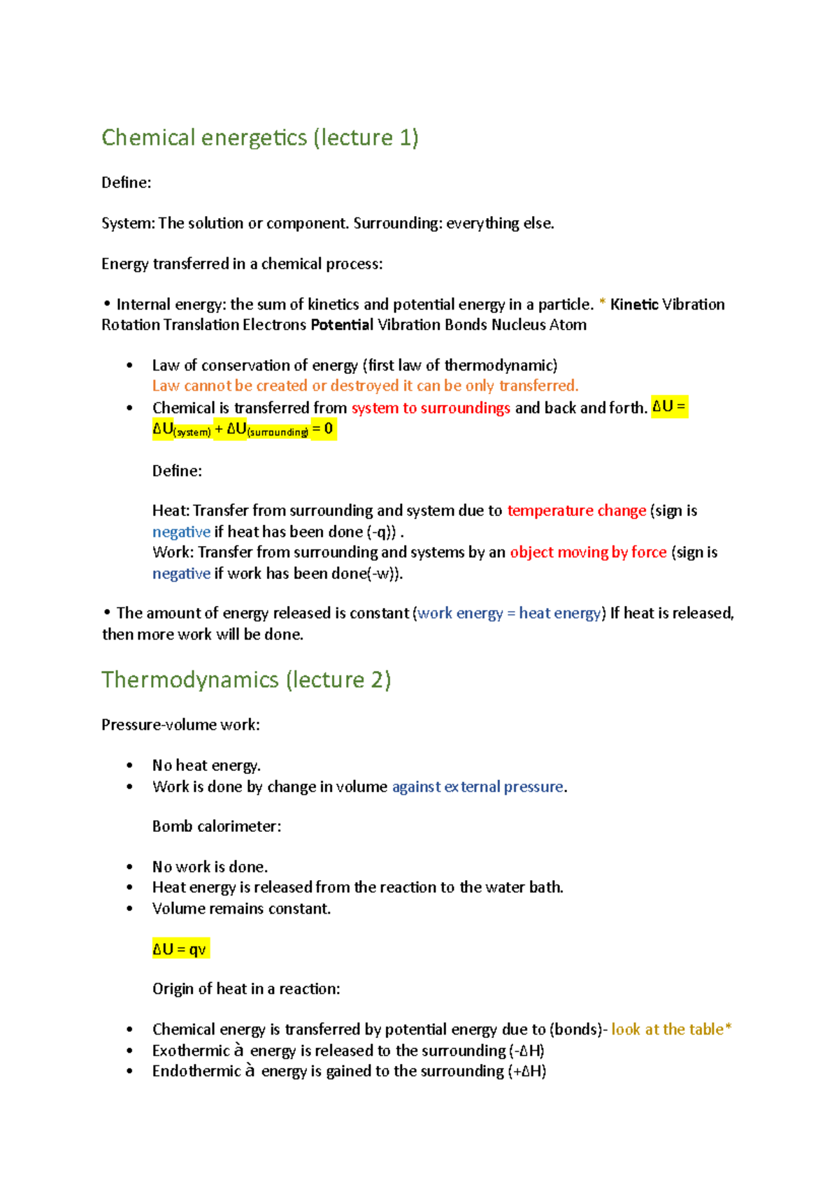 Summary notes From lecture 1-13 - Chemical energetics (lecture 1 ...