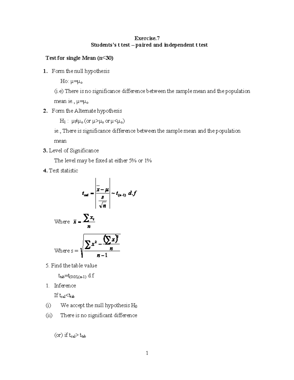 Sample excercises h - Exercise. 7 Students’s t test – paired and ...