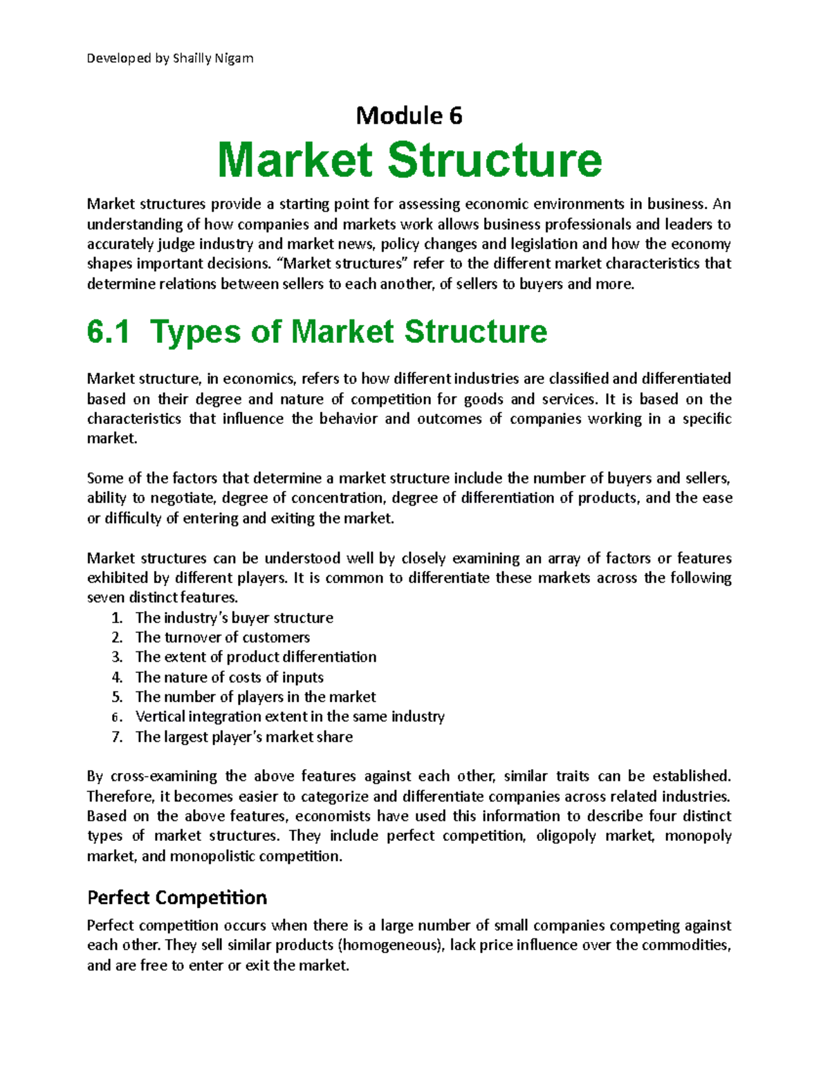 Week 6 - Module 6 - Notes - Module 6 Market Structure Market structures ...