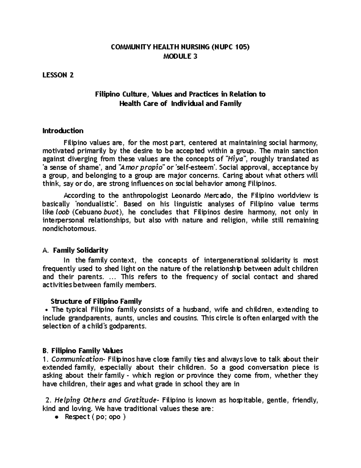 CHN Module 3 Lesson 2 - COMMUNITY HEALTH NURSING (NUPC 105) MODULE 3 LESSON 2 Filipino Culture ...