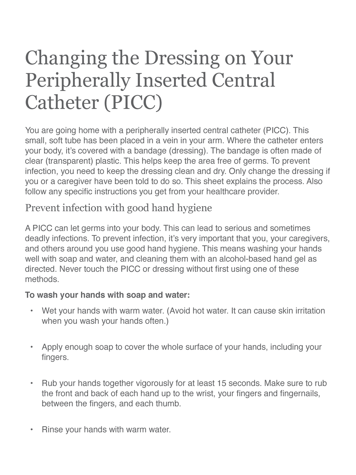 Changing the Dressing on Your Peripherally Inserted Central Catheter ...
