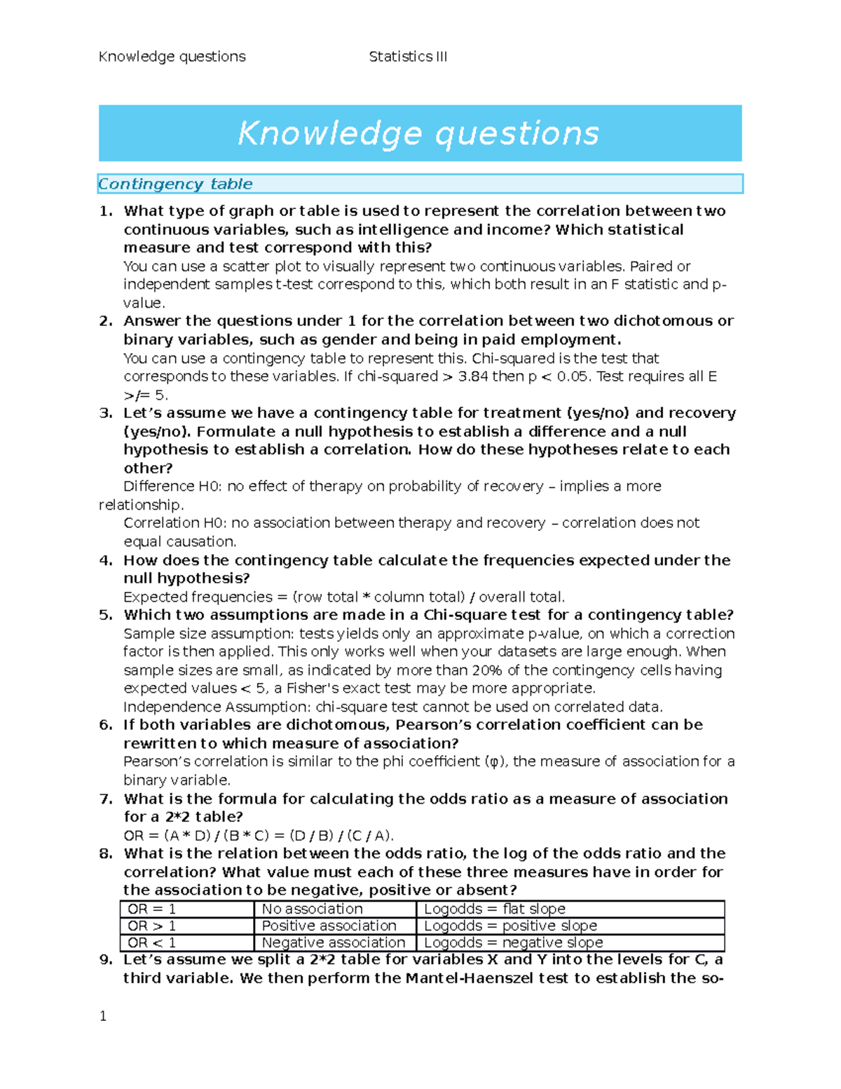 Knowledge questions - Knowledge questions Contingency table What type ...