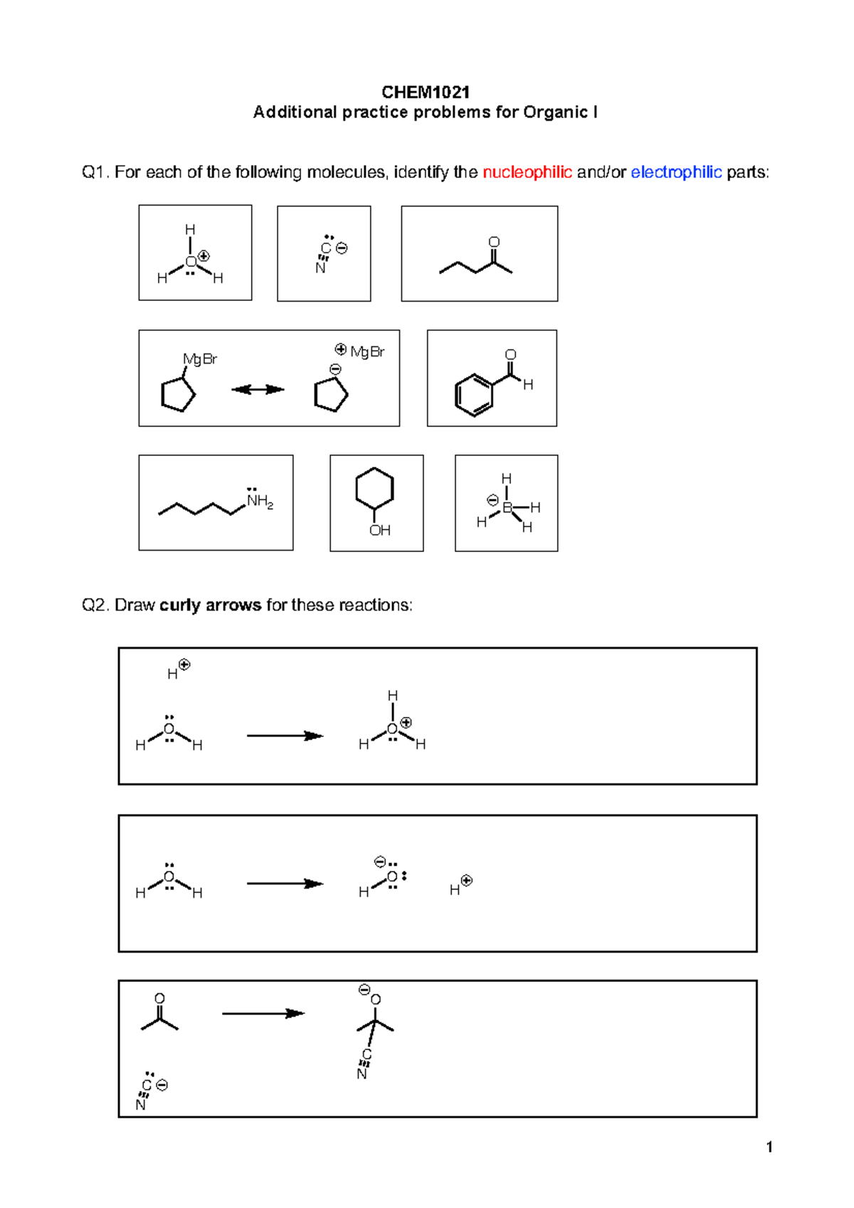 Practice Questions for Organic Chemistry - 1 CHEM Additional practice ...