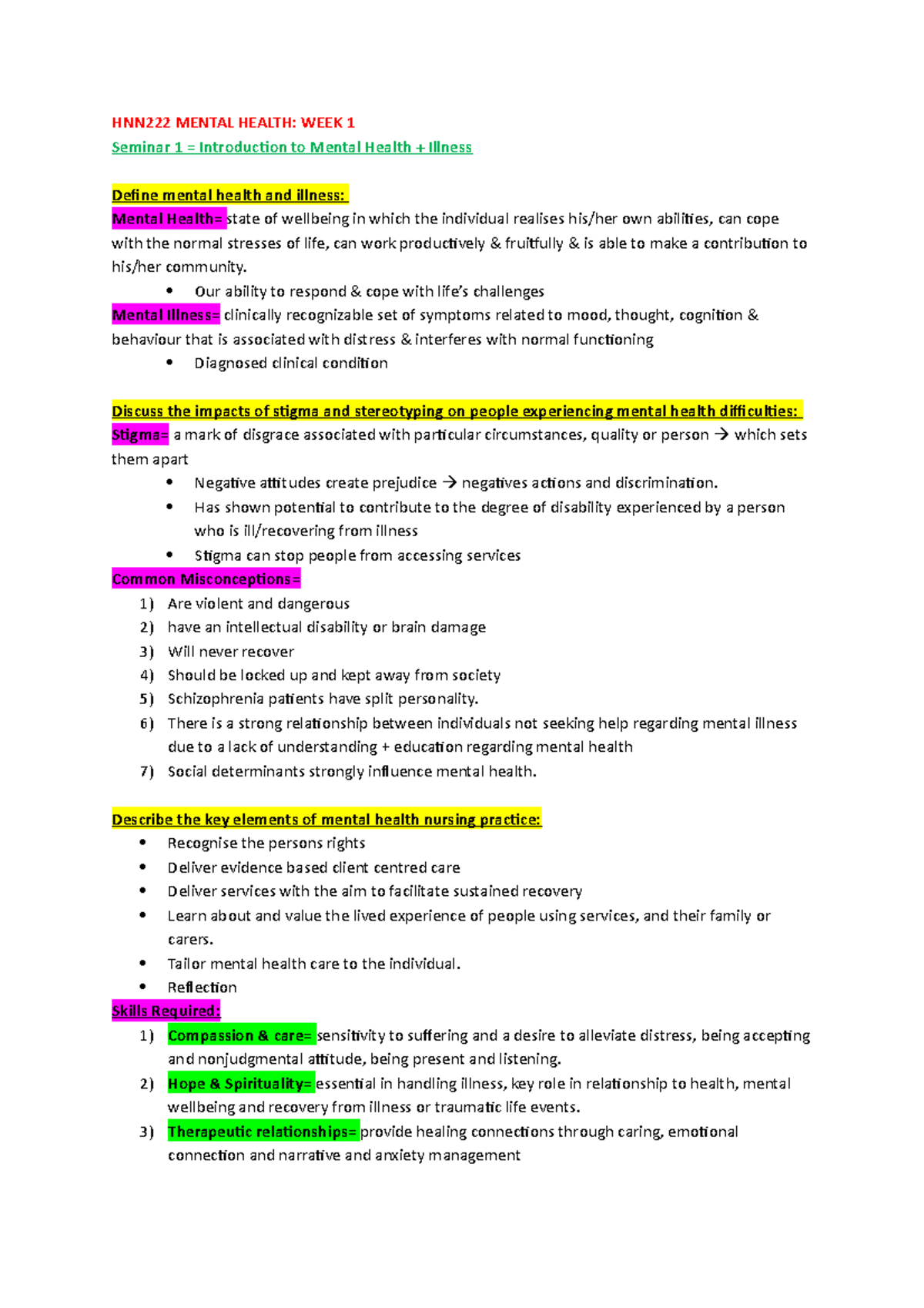 Week 1-S1 - Summary Mental Health and Illness - HNN222 MENTAL HEALTH ...