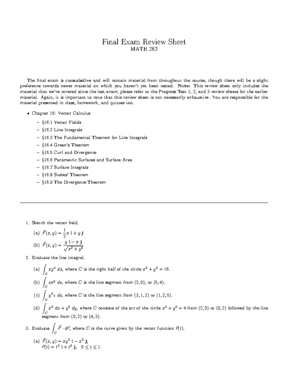 283 Final Exam Review - Final Exam Review Sheet MATH 283 The final exam ...