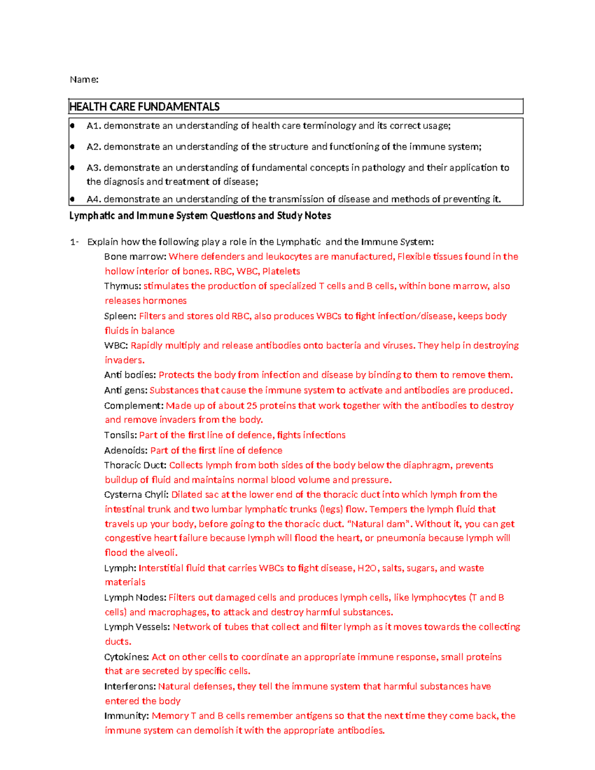 Immune System Worksheet - Name: HEALTH CARE FUNDAMENTALS A1 ...