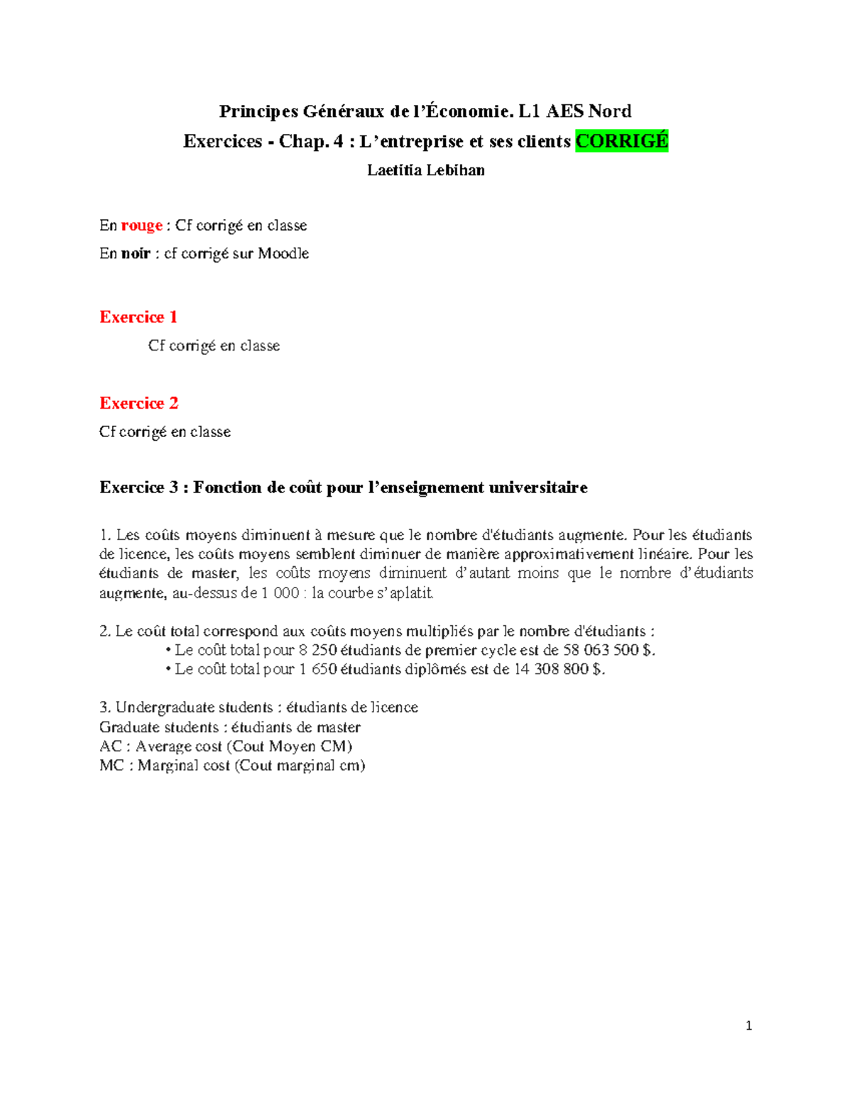 Corrige Exercices Chap4 Partie 1 Entreprise Clients 2023 - 1 Principes ...