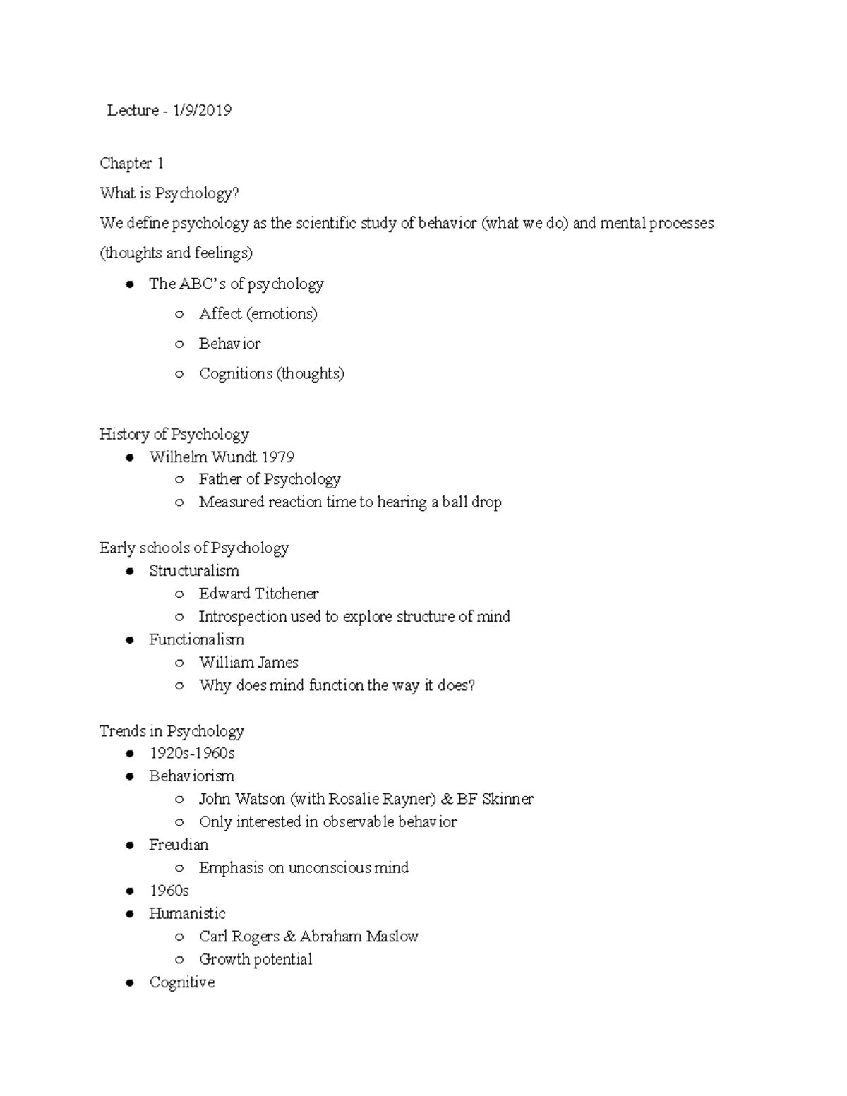 Introduction to Psychology Unit 1 Notes - Lecture - 1/9/ Chapter 1 What ...