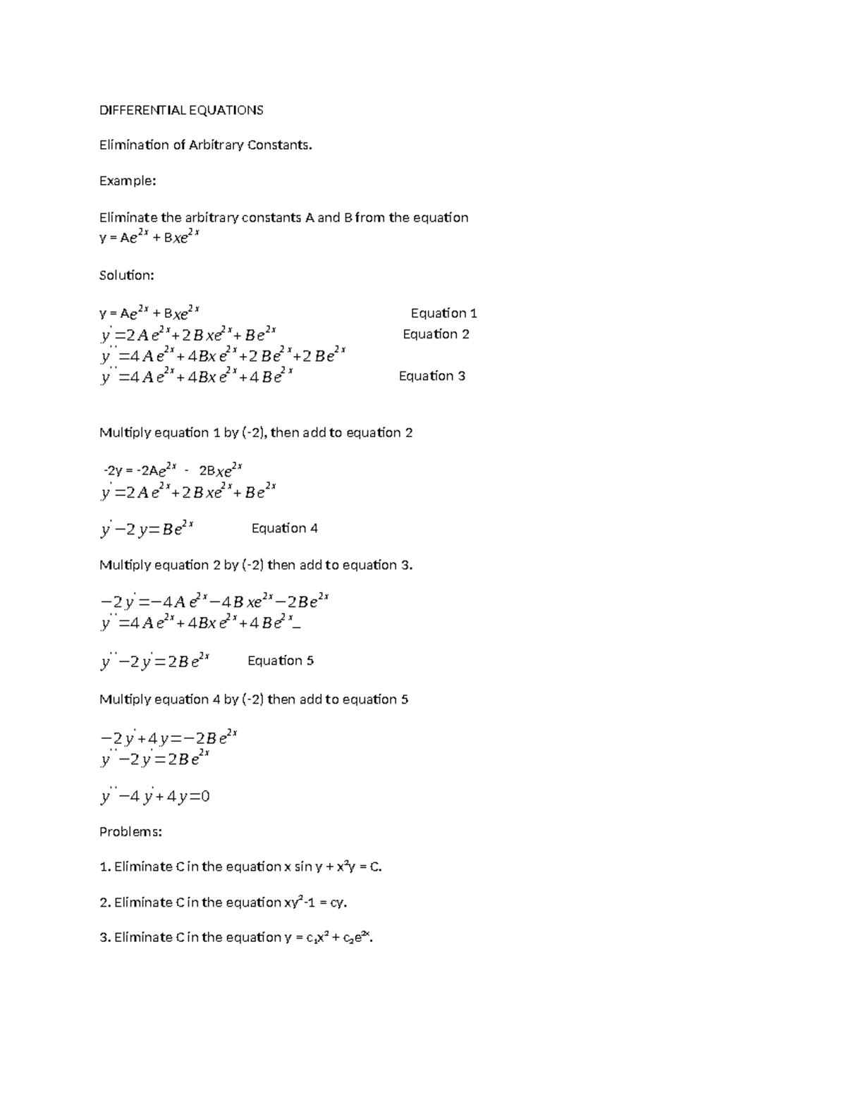 DELecture 2Elimination-of-AC - DIFFERENTIAL EQUATIONS Elimination of ...