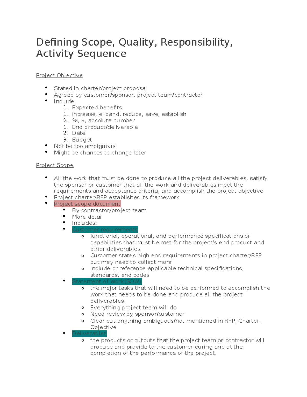 COIS 3850H Note 1 - Defining Scope, Quality, Responsibility, Activity ...