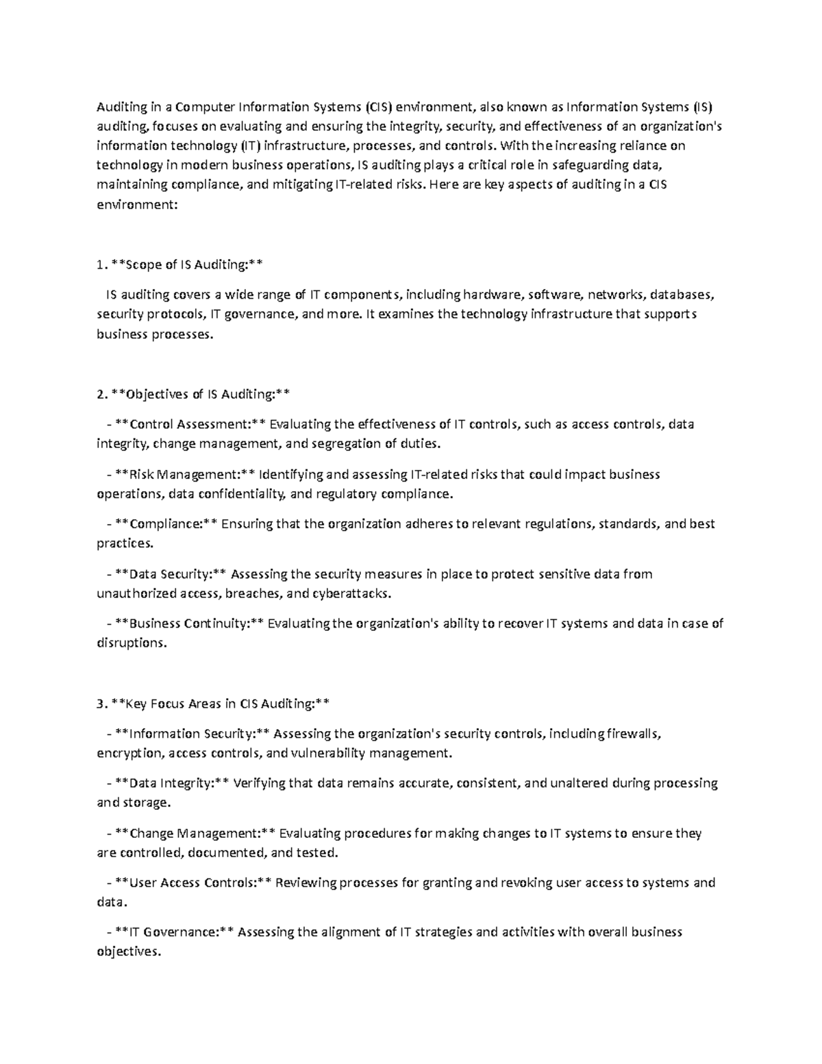 AUD CIS - AUD CIS - Auditing in a Computer Information Systems (CIS) environment, also known as ...