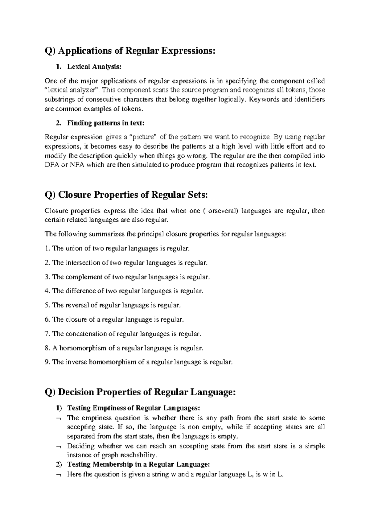 TCS Theory Questions - Q) Applications of Regular Expressions: Lexical ...