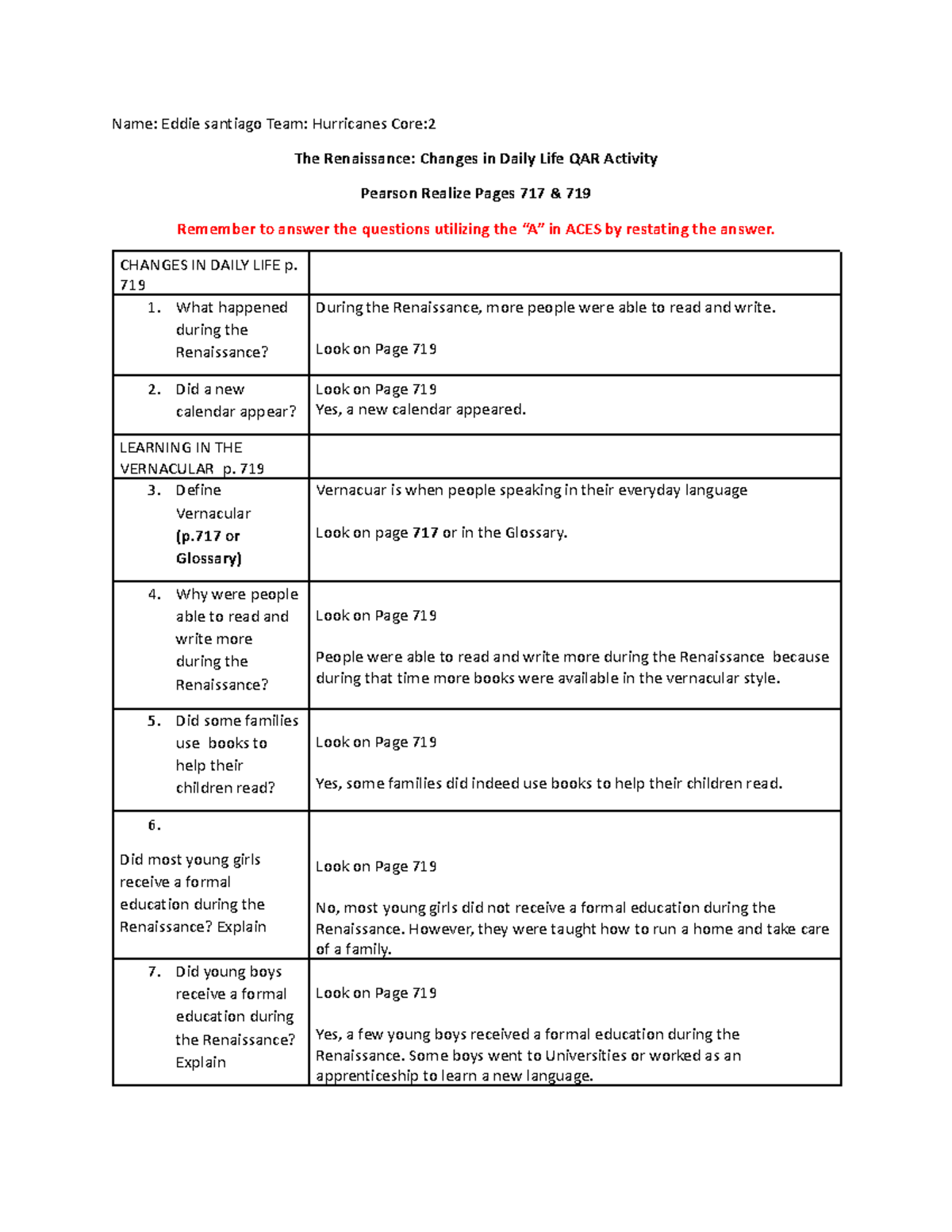 Copy of Unit-3 Renaissance-Change in Daily Life Pearson Realize QAR ...