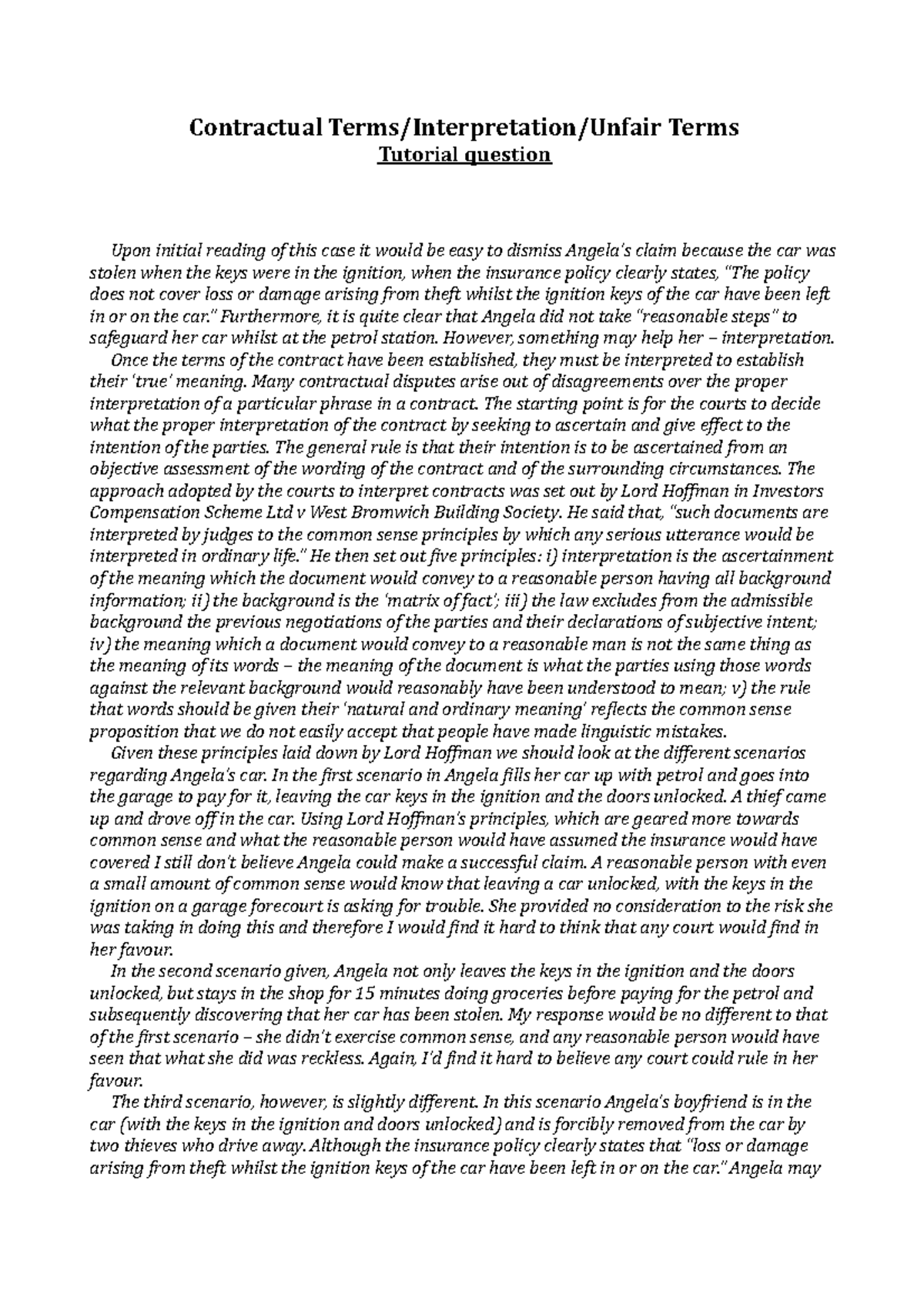 Contractual Terms:Interpretaton:Unfair Terms (Tutorial questions) - Contractual - Studocu