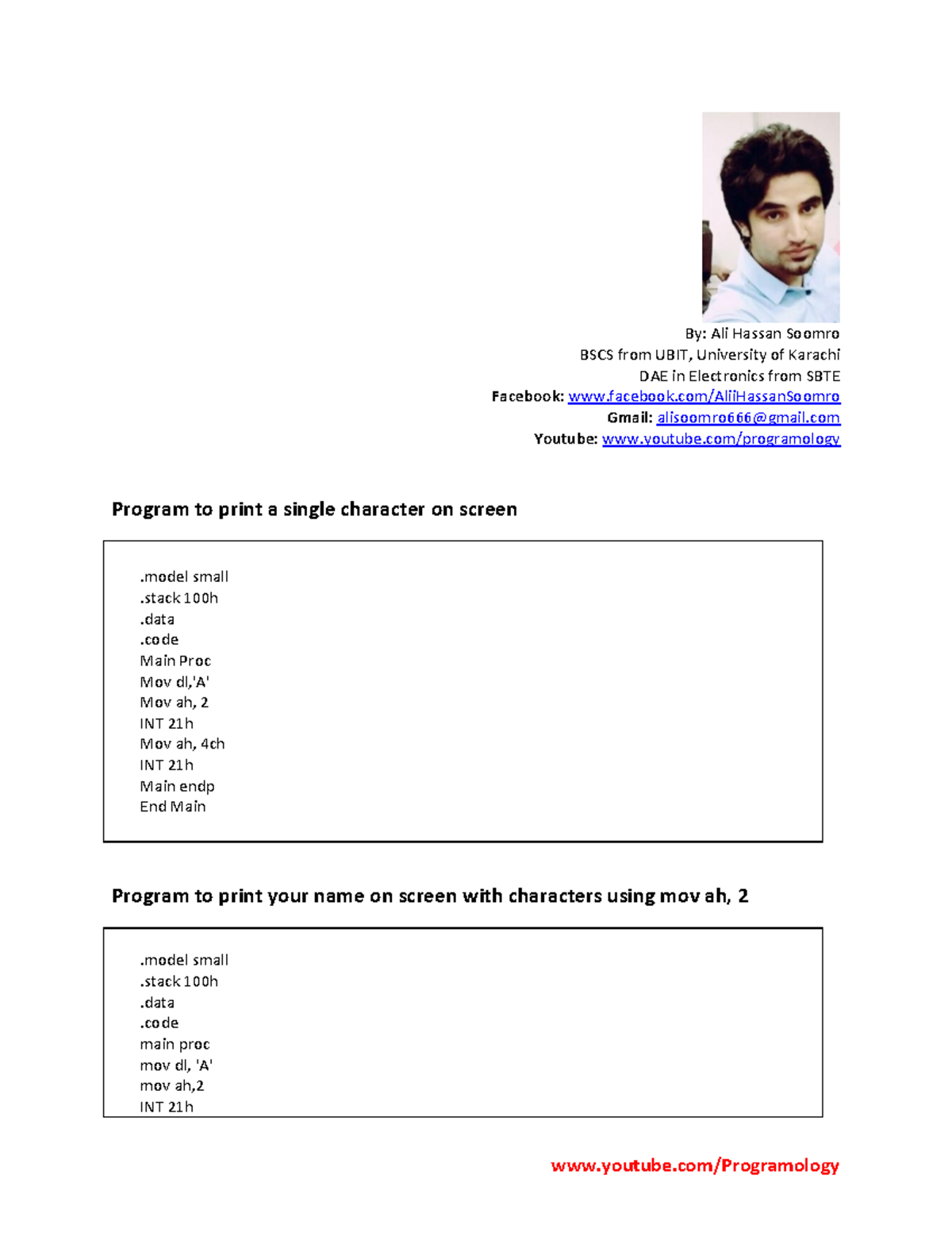 All Assembly Programs - By: Ali Hassan Soomro BSCS from UBIT, University of Karachi DAE in - Studocu