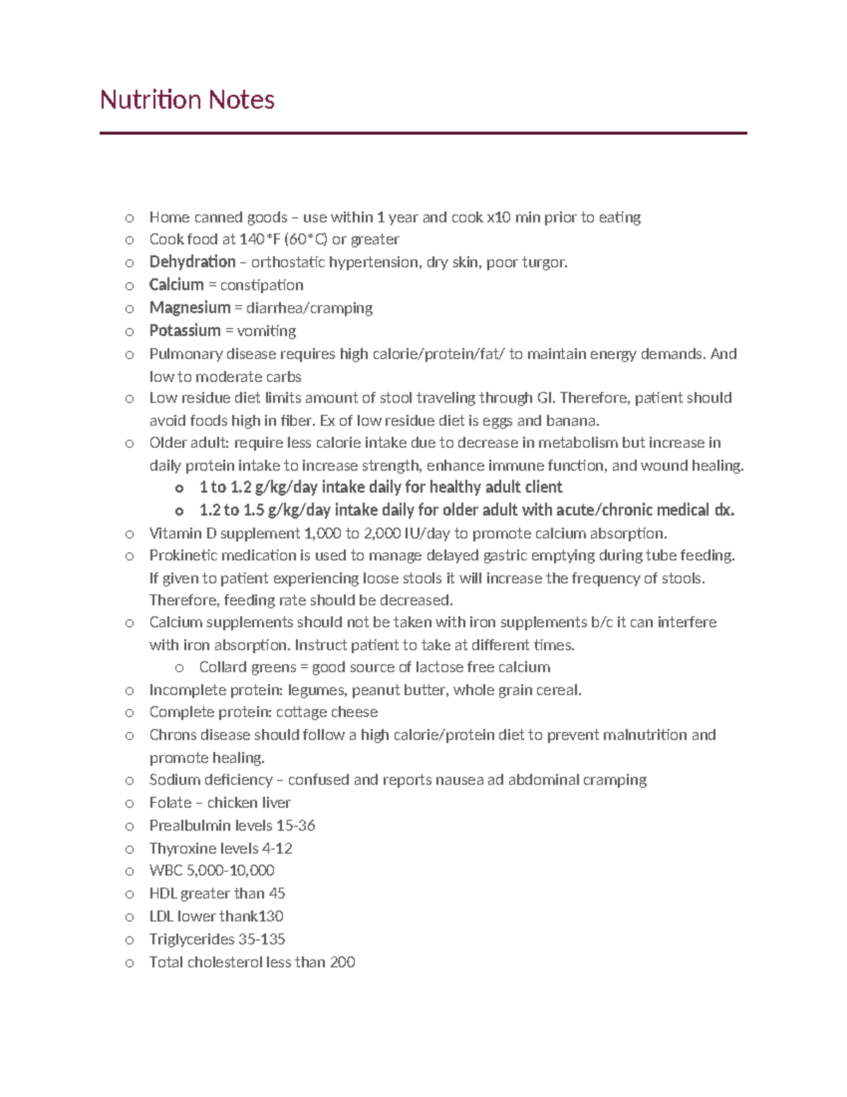 ATI nutrition notes - Nutrition Notes o Home canned goods – use within ...