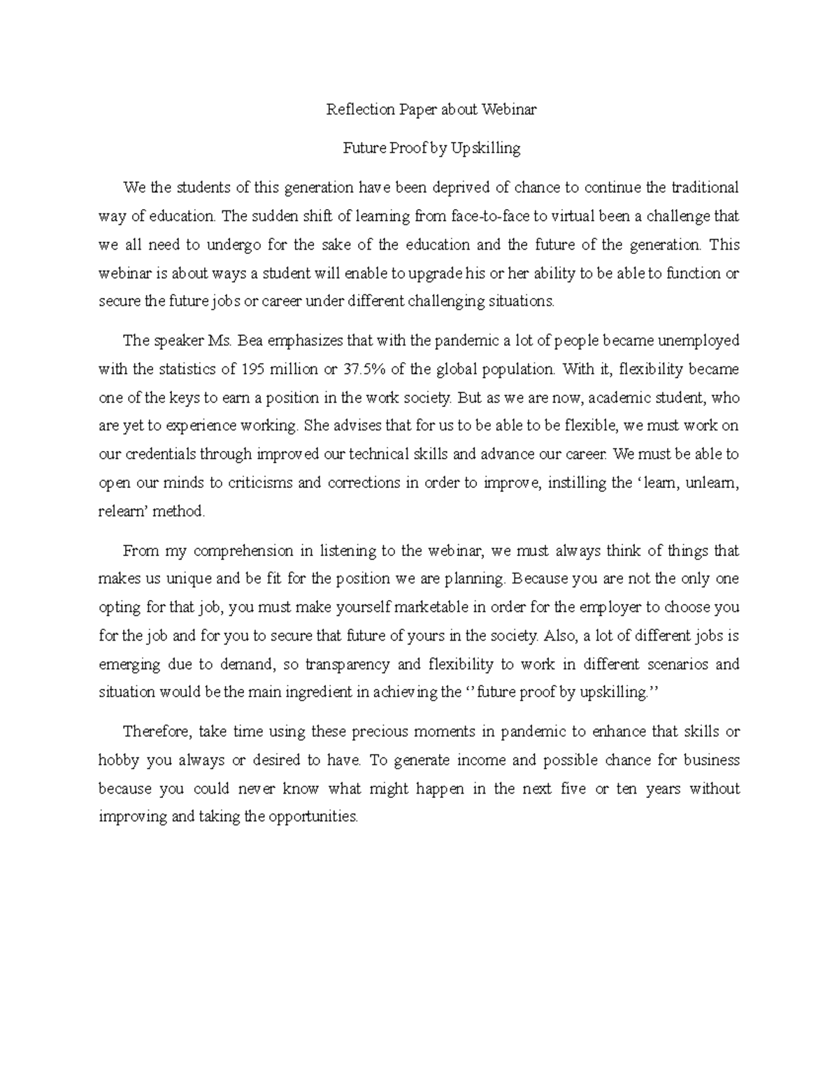 4th- Reflection - asdasdsadsa - Reflection Paper about Webinar Future ...