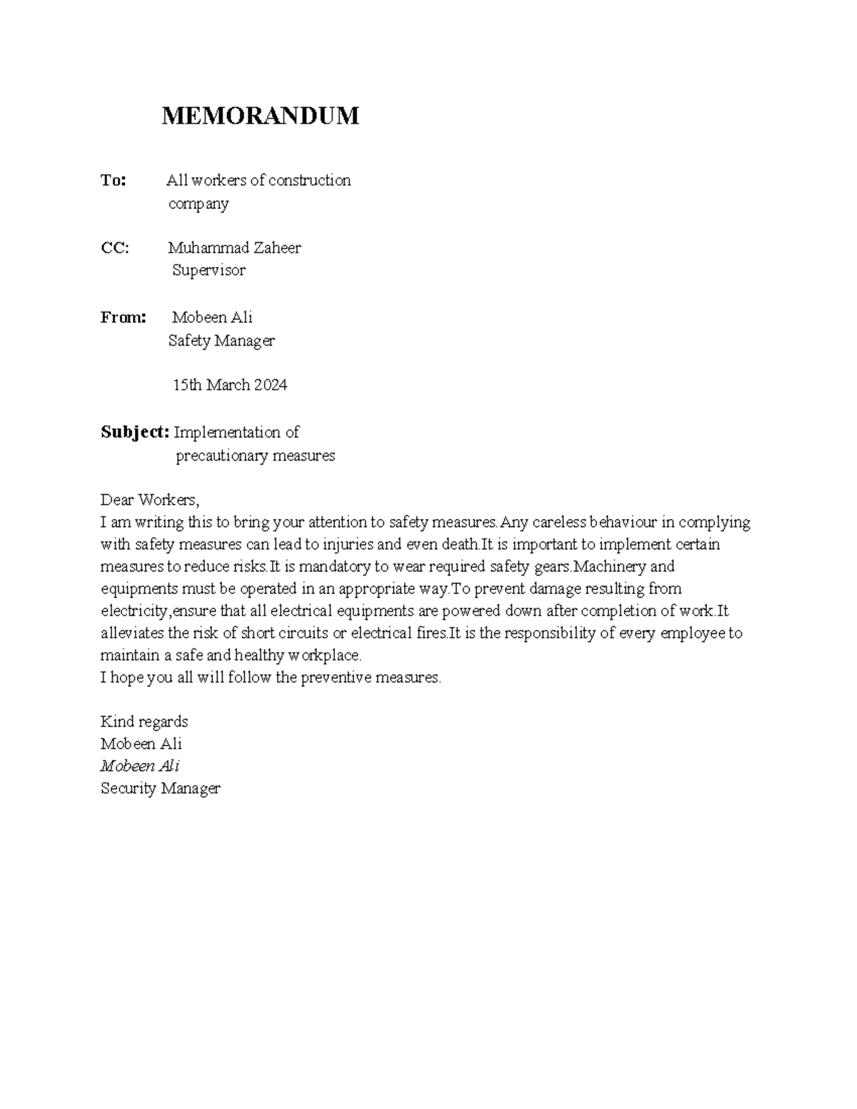 Memorandum-2 - Letter - MEMORANDUM To: All workers of construction ...