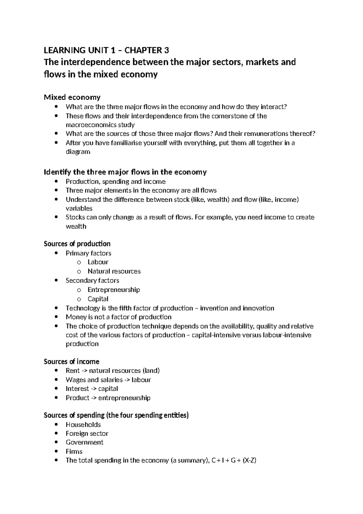 LU 1 - CH 3 - production, income, spending - LEARNING UNIT 1 – CHAPTER 3 The interdependence ...