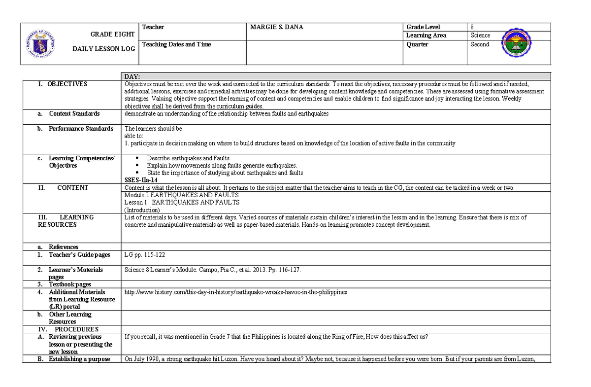 Q2 - science dll - GRADE EIGHT DAILY LESSON LOG Teacher MARGIE S. DANA ...