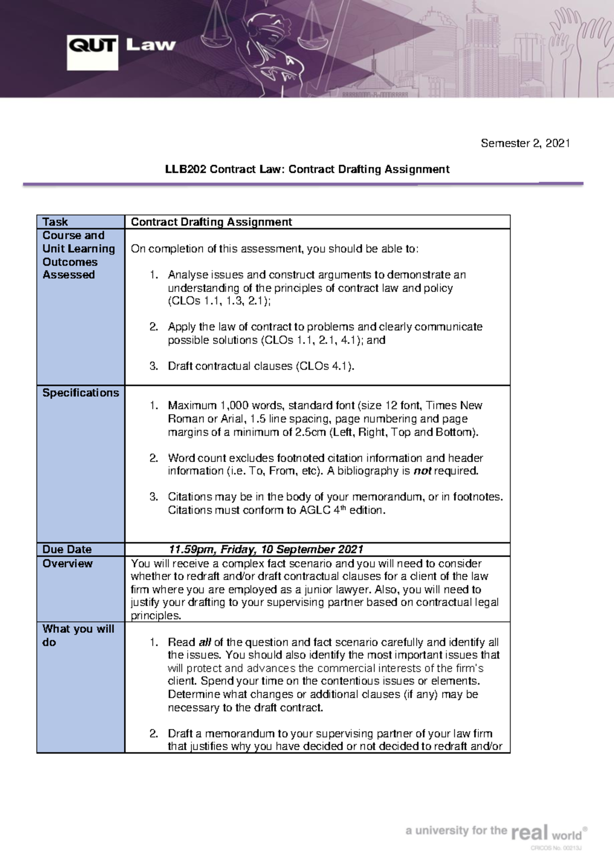 LLB202 - Contract Drafting Assignment (Final i) - Semester 2, 2021 ...