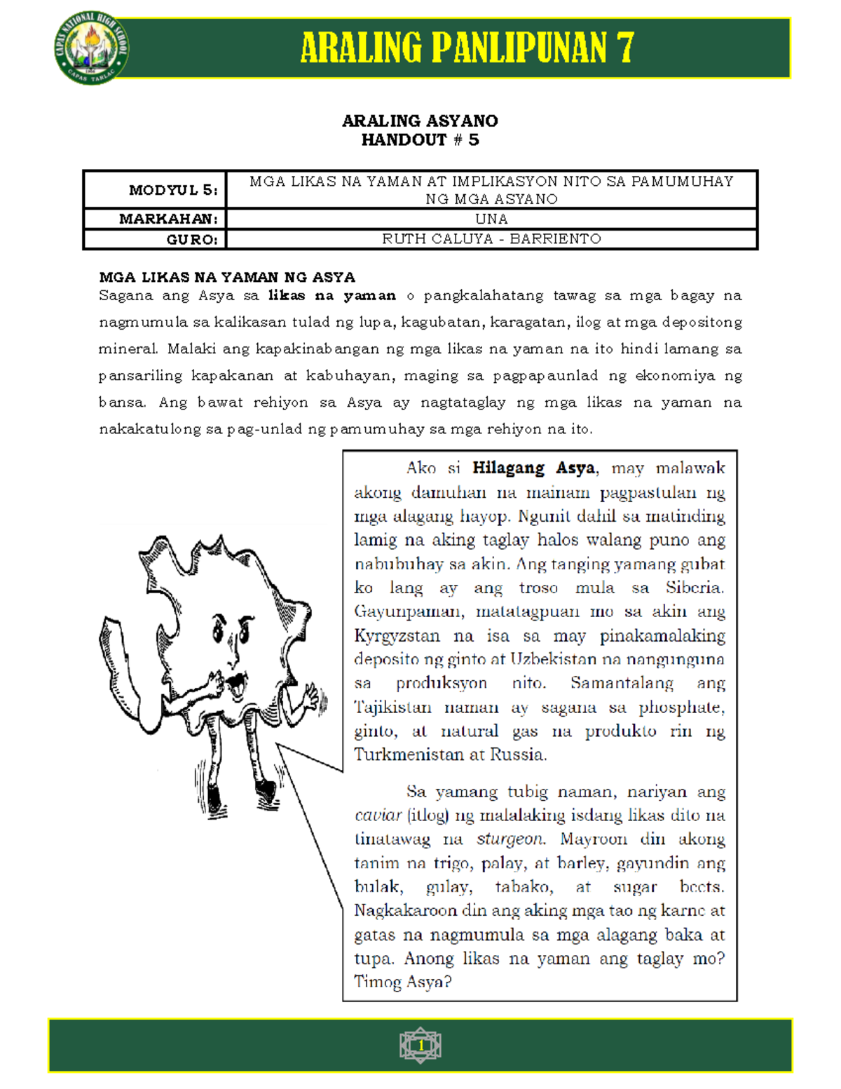 AP 7 Q1 Handout Modyul 5 WEEK 5 - ARALING ASYANO HANDOUT # 5 MODYUL 5: MGA LIKAS NA YAMAN AT ...