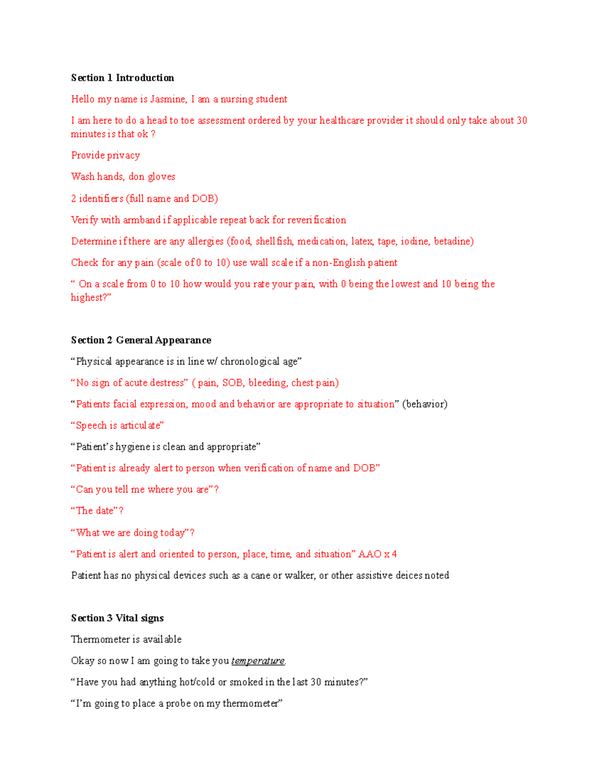 Head to Toe Assessment - Assignment - Section 1 Introduction Hello my ...