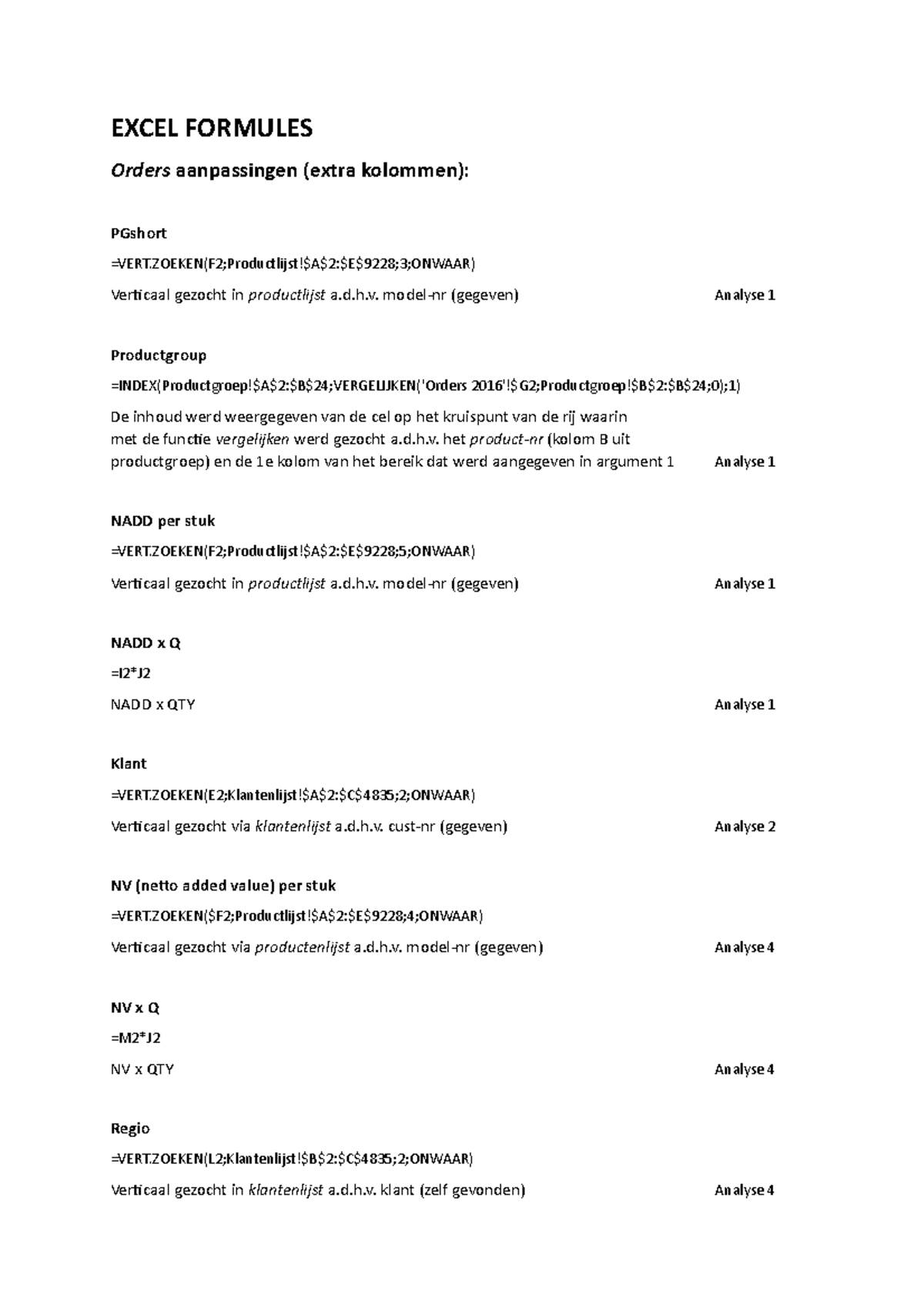 Excel Formules - EXCEL FORMULES Orders aanpassingen (extra kolommen ...