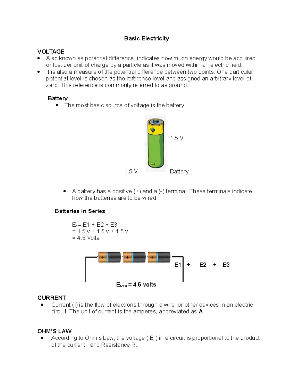 Basic Electronics - Basic Electricity VOLTAGE Also known as potential ...