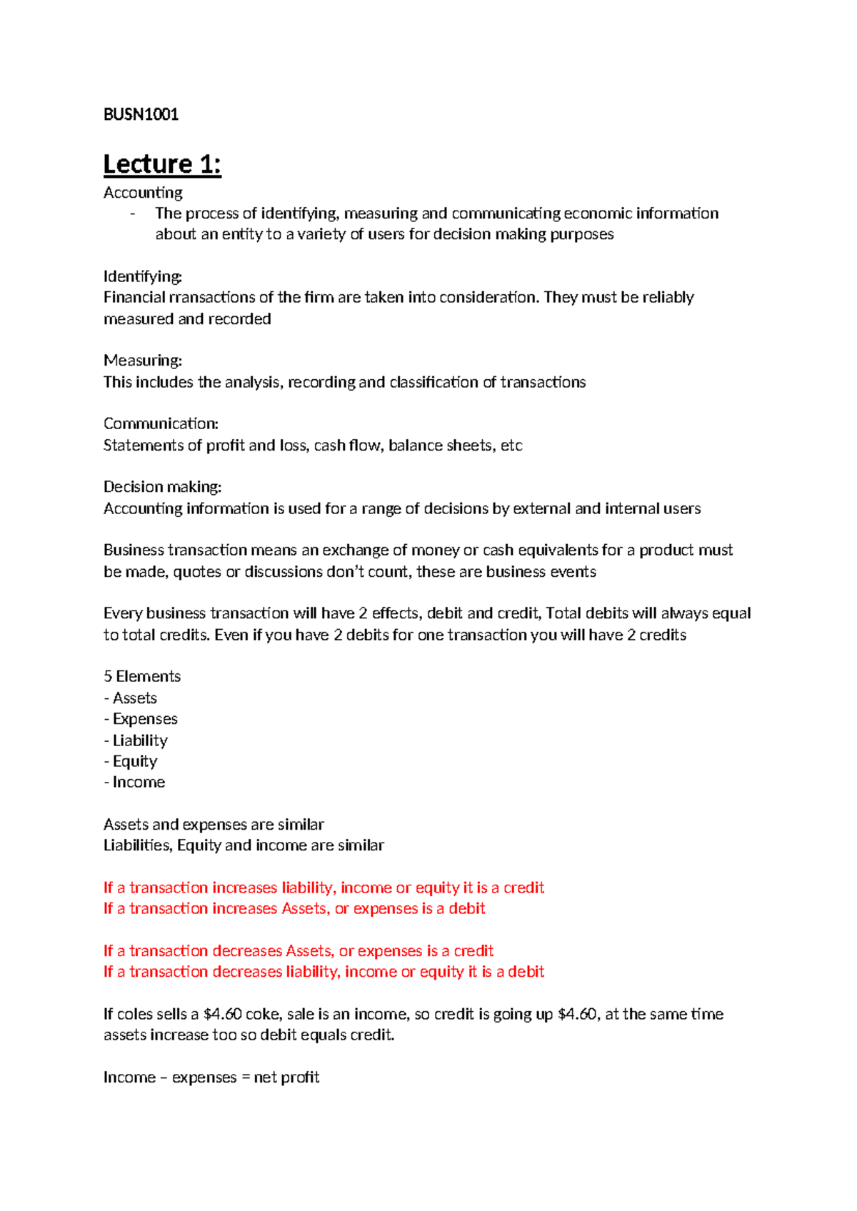 BUSN1001 Notes - BUSN Lecture 1: Accounting - The process of ...