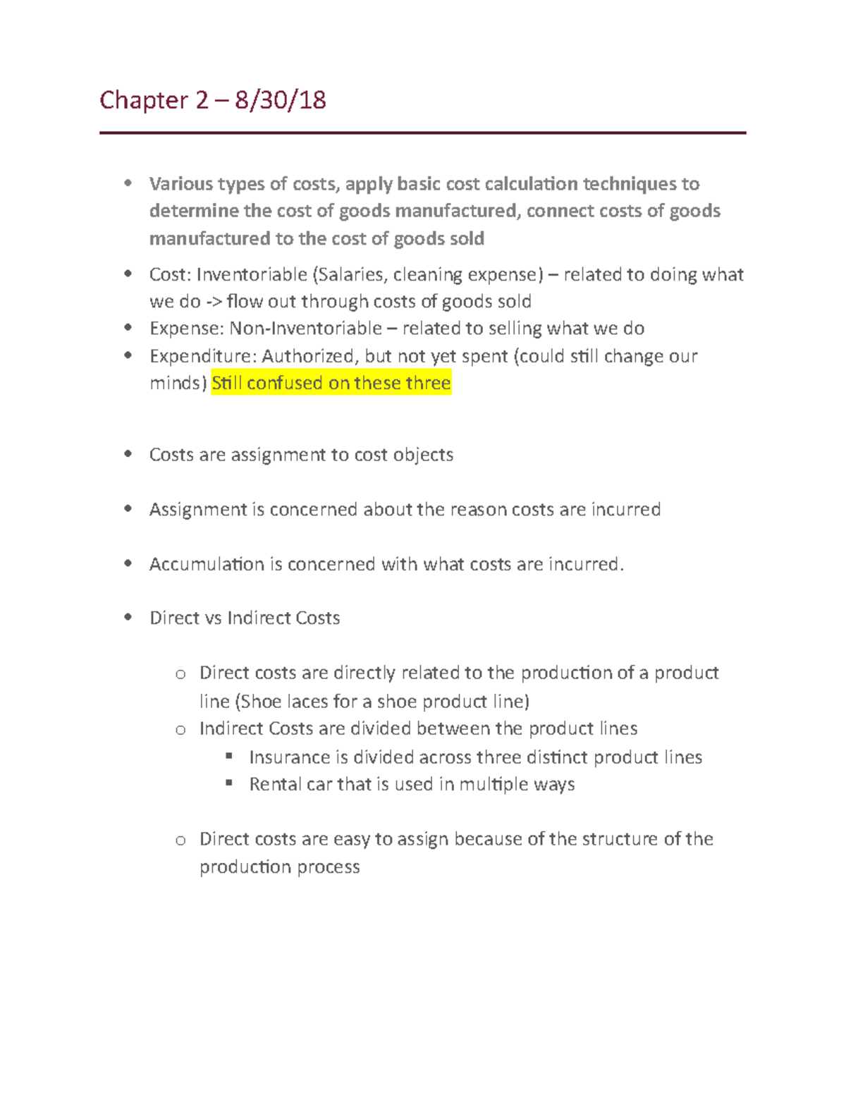 ACC 220 - Chapter 2 - Chapter 2 – 8/30/18 Various types of costs, apply ...
