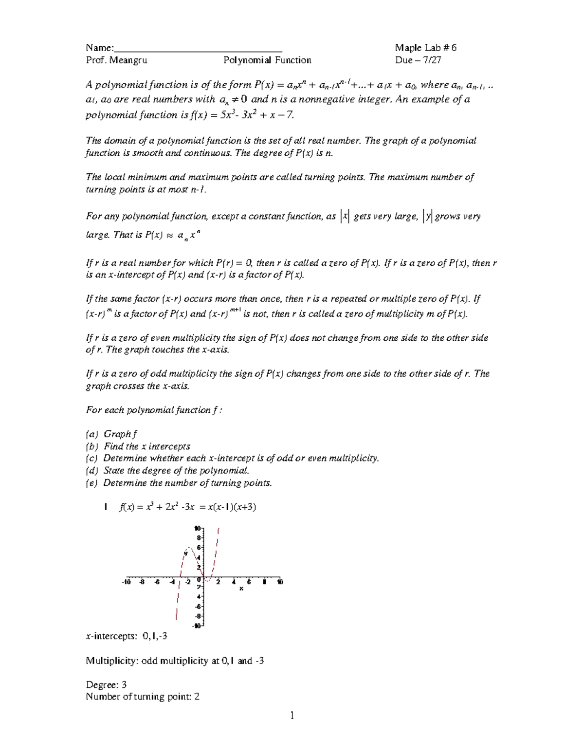 Maple Lab6 SP I 2020 Polynomial - Name: Prof. Meangru A polynomial function is of the fo a - Studocu