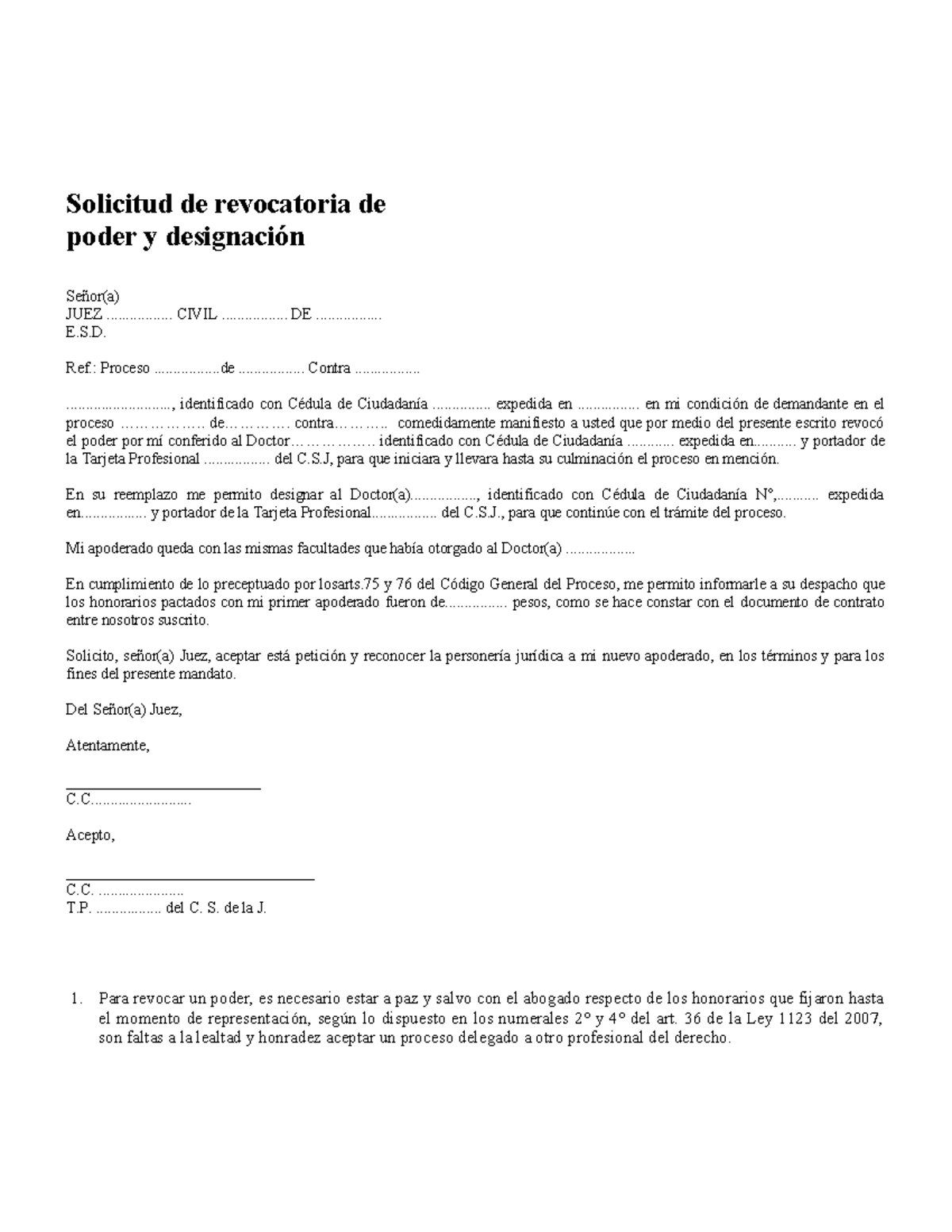 Solicitud de revocatoria de poder y designación - Solicitud de ...