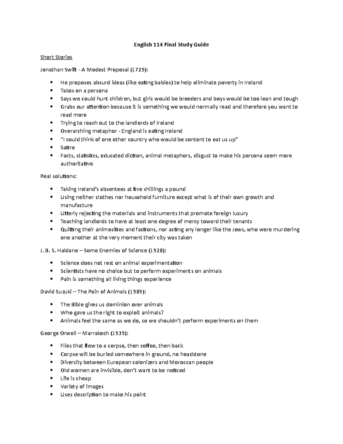 Eng 114 Final Study Guide - English 114 Final Study Guide Short Stories ...