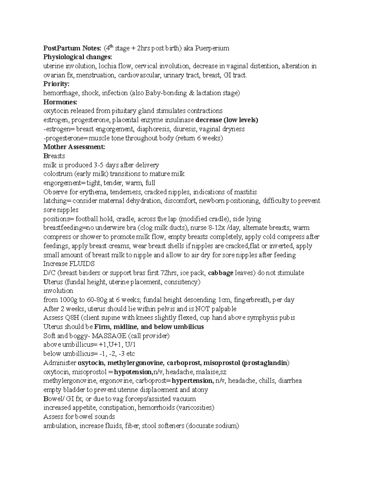 Postpartum Notes - Priority: hemorrhage, shock, infection (also Baby ...