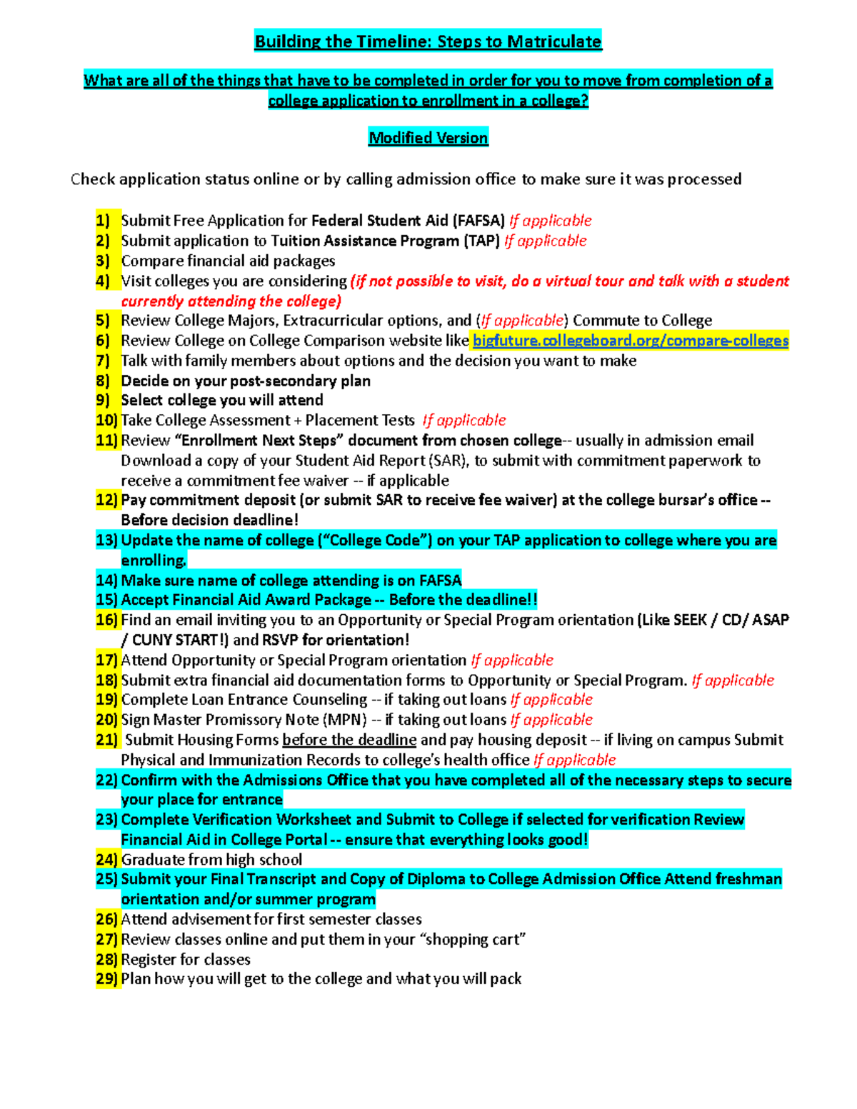 Copy of Matriculation Steps - Building the Timeline: Steps to ...