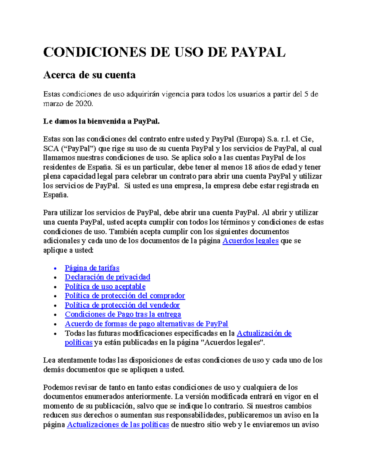 UA 030520 - Resumen - CONDICIONES DE USO DE PAYPAL Acerca de su cuenta ...