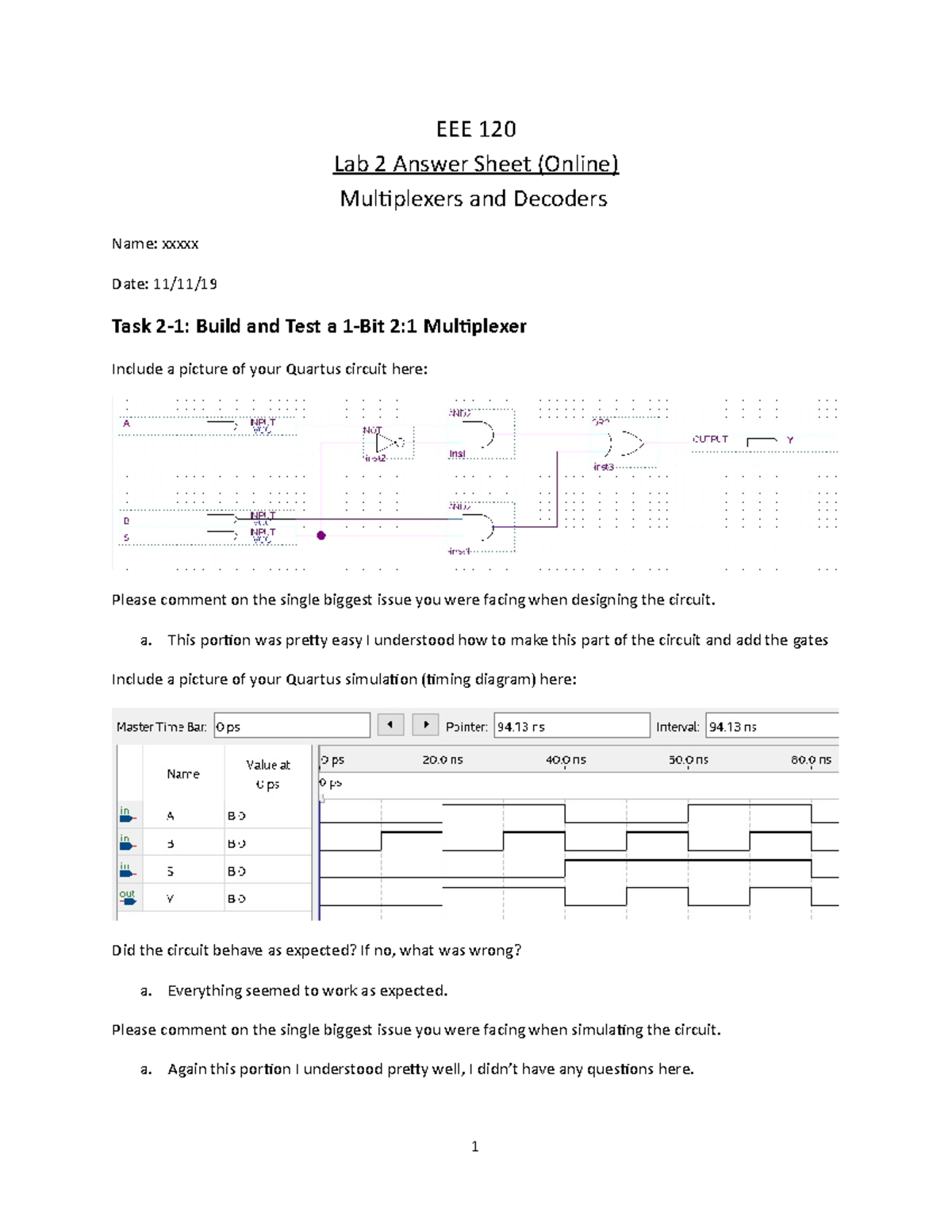 Lab2Template Altera online - EEE 120 Lab 2 Answer Sheet (Online) Multiplexers and Decoders Name ...