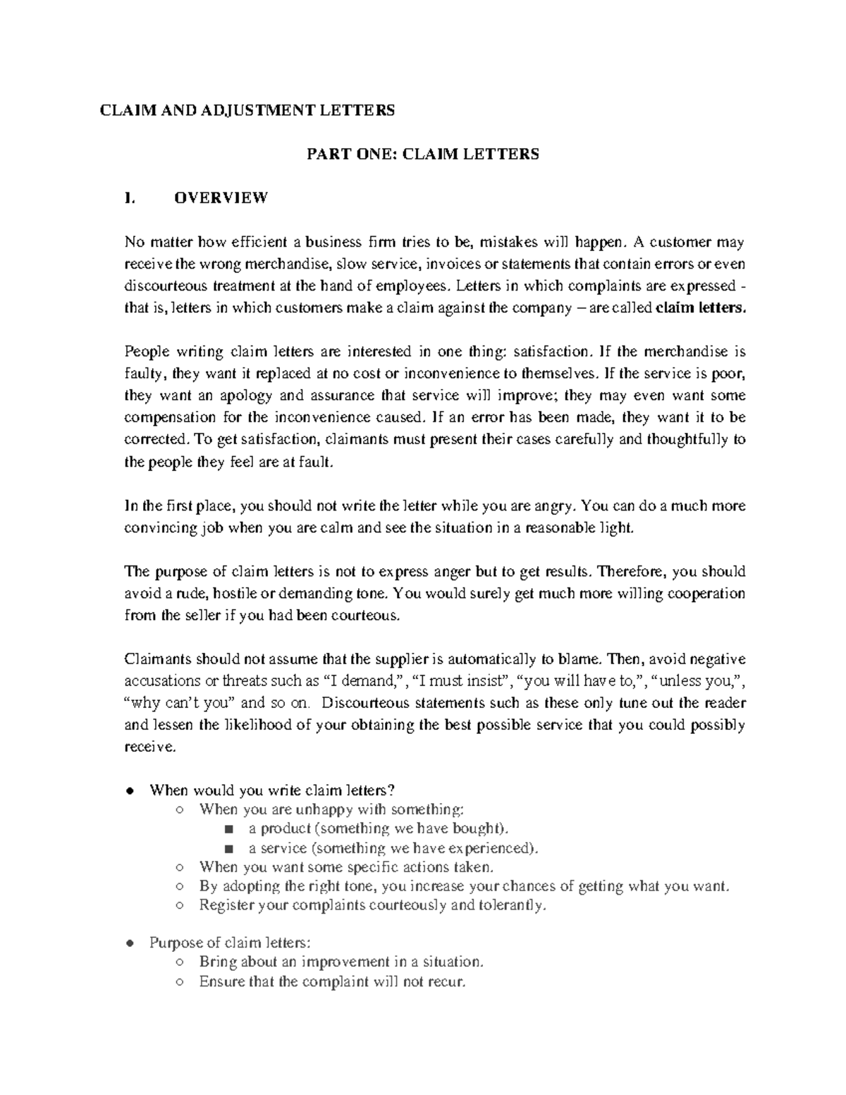 Claim AND Adjustment Letters - CLAIM AND ADJUSTMENT LETTERS PART ONE ...