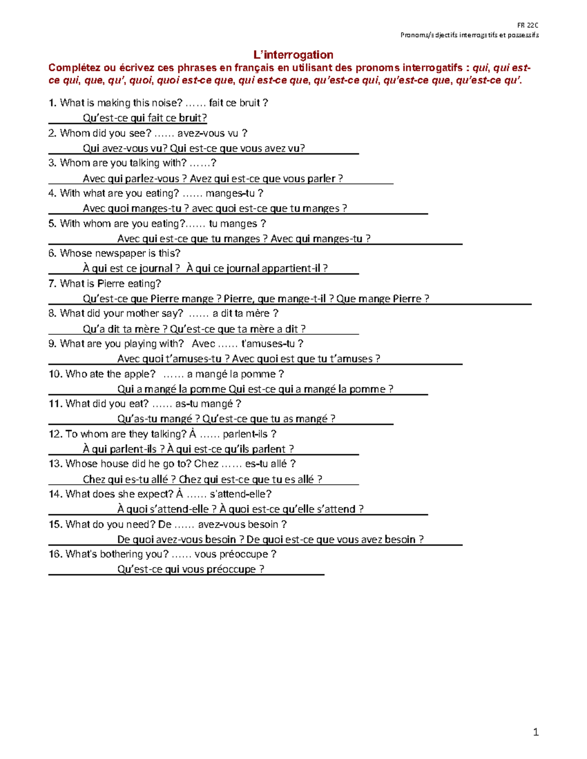 FR 22C Pronoms Interrogatifs et Possessifs KEY - FR 22C interrogatifs ...