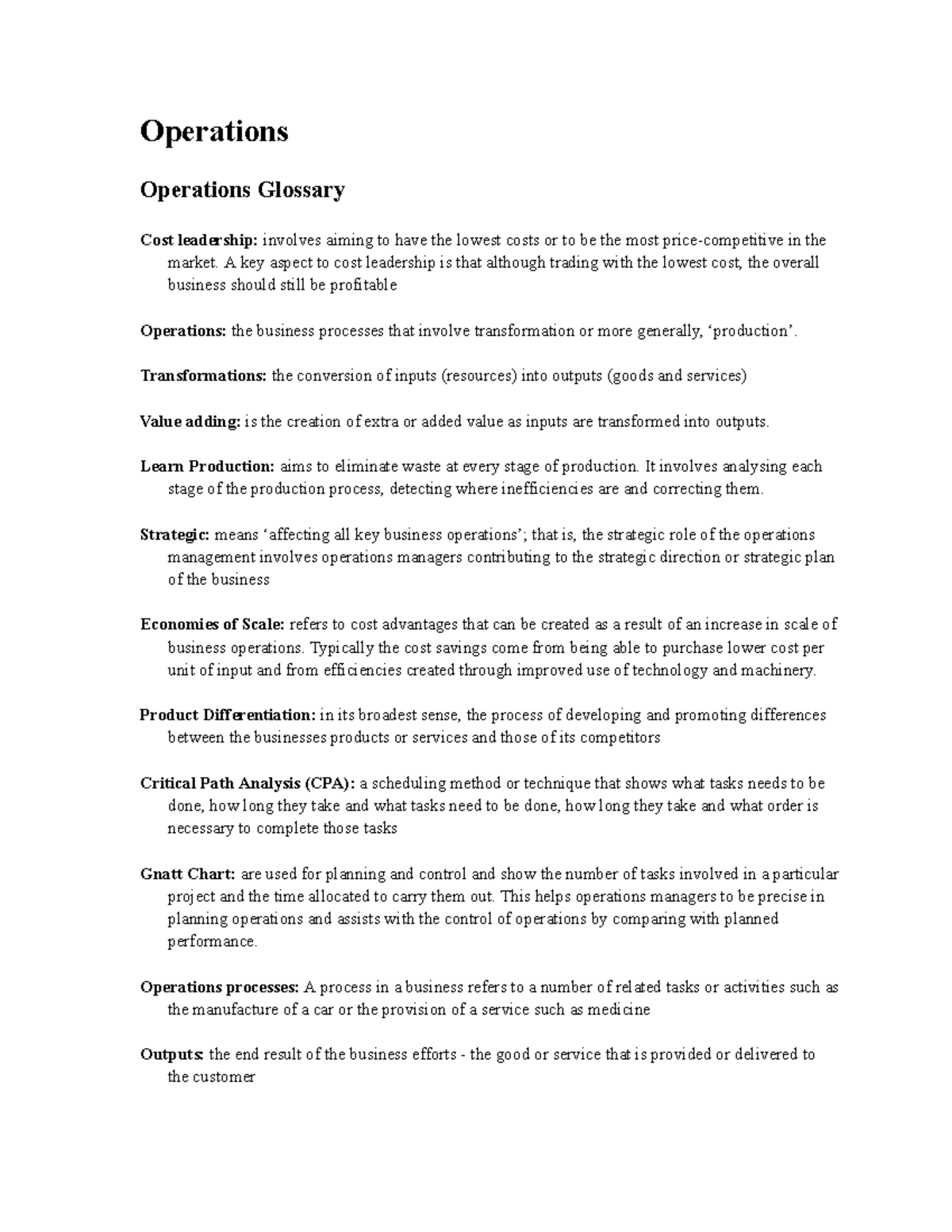 Operations Classwork - Operations Operations Glossary Cost leadership ...