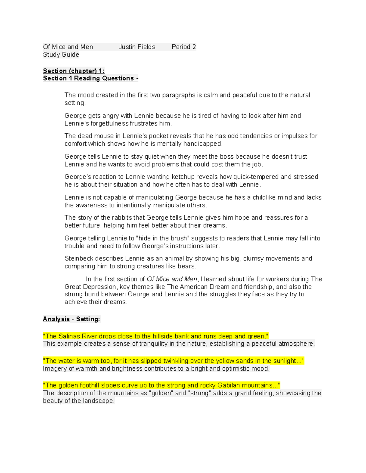 Study Guide OMAM - English notez - Of Mice and Men Justin Fields Period ...