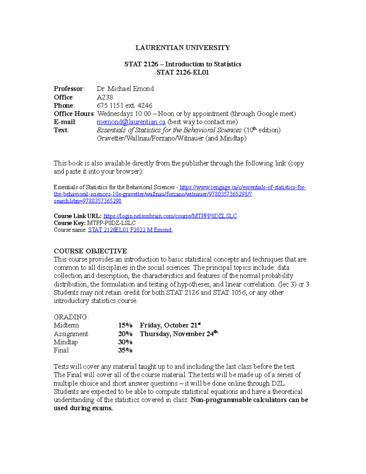 Outline STAT 2126 Learning Objectives 2022 - LAURENTIAN UNIVERSITY STAT ...