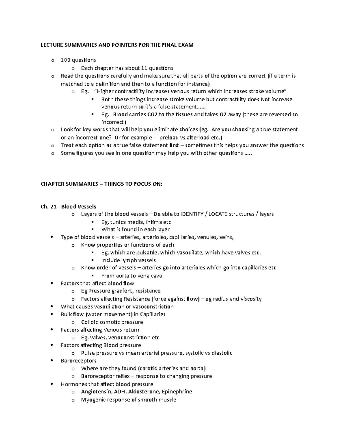 Pointers for Final Exam - student - LECTURE SUMMARIES AND POINTERS FOR THE FINAL EXAM o 100 ...