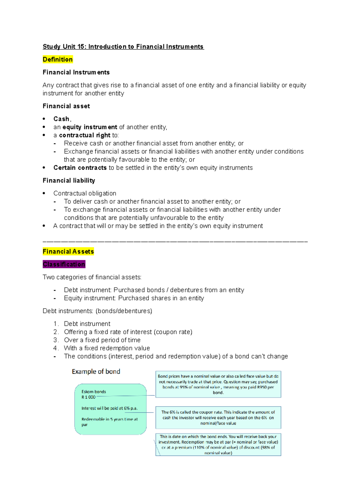 Financial Asset Notes - Study Unit 15: Introduction to Financial ...