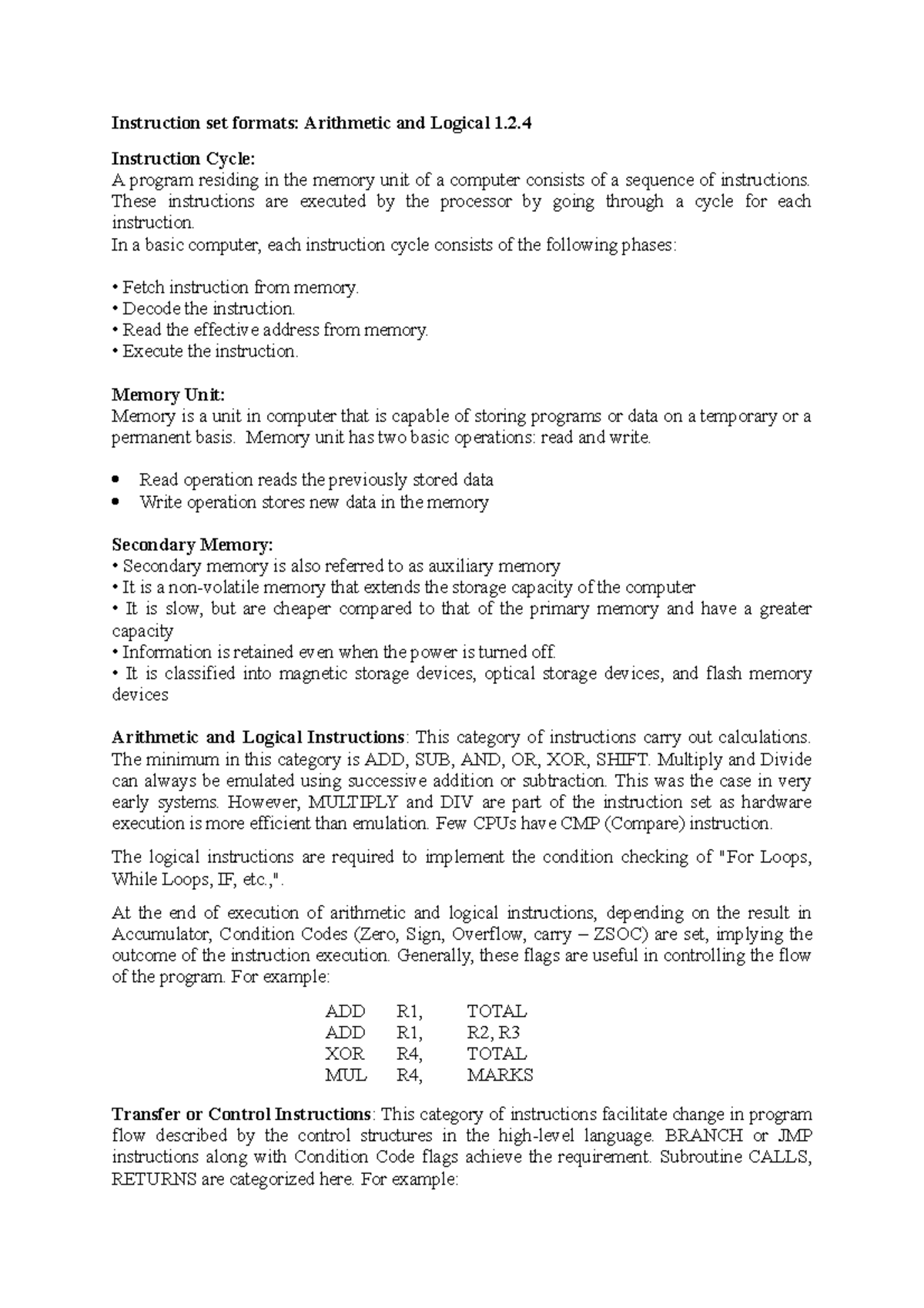 Instruction set formats, Arithmetic and Logical 1 - Instruction Cycle ... Instruction set formats, Arithmetic and Logical 1 - Instruction Cycle ...
