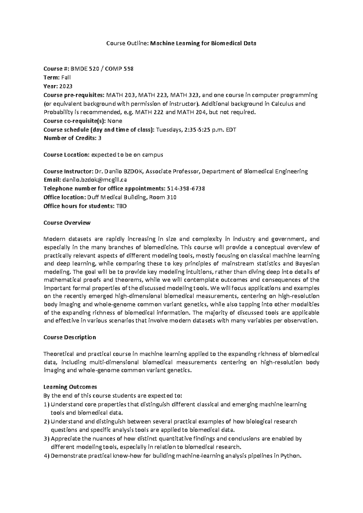 Course Outline for BMDE 520 2023-2024 - Course Outline: Machine ...
