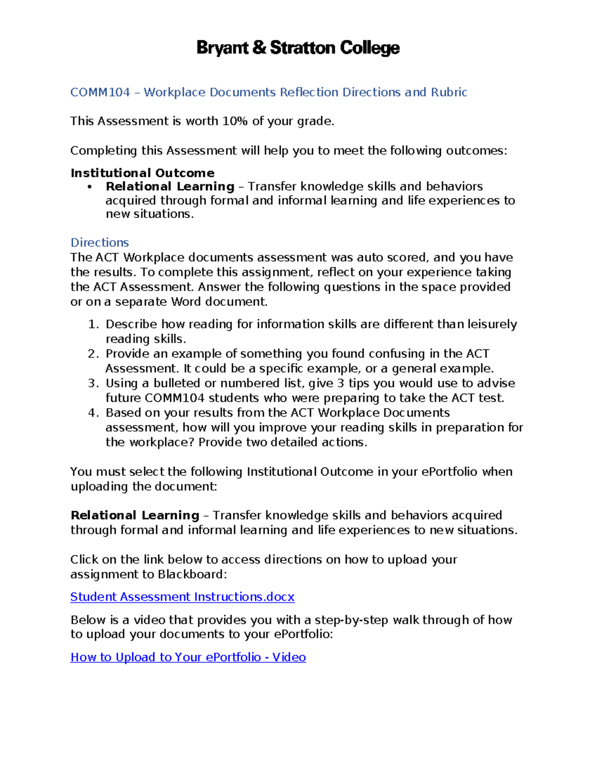 COMM104 W7 Workplace Documents Assessment Reflection Directions and ...