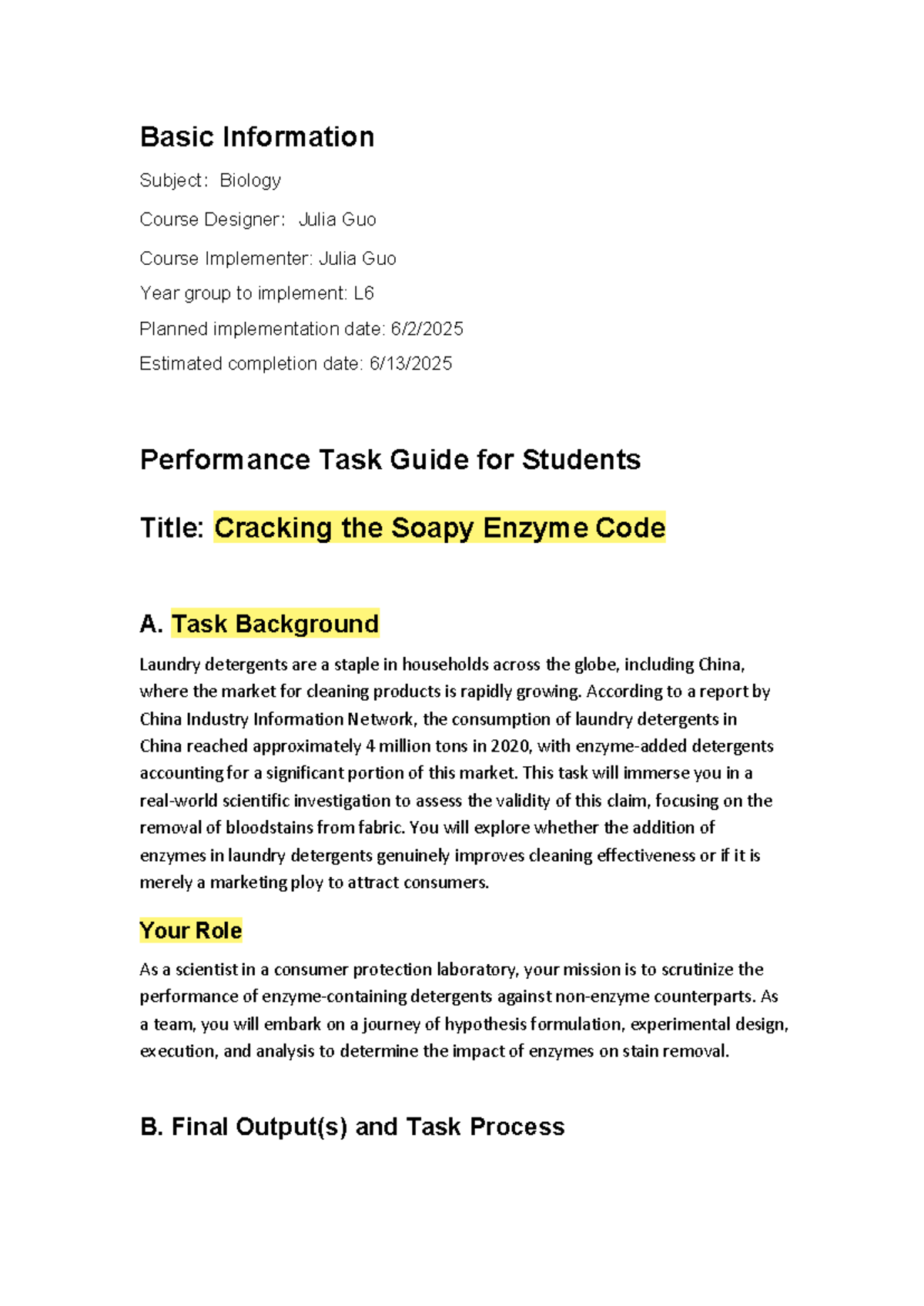 2. Performance Task Exemplar - Basic Information Subject：Biology Course ...